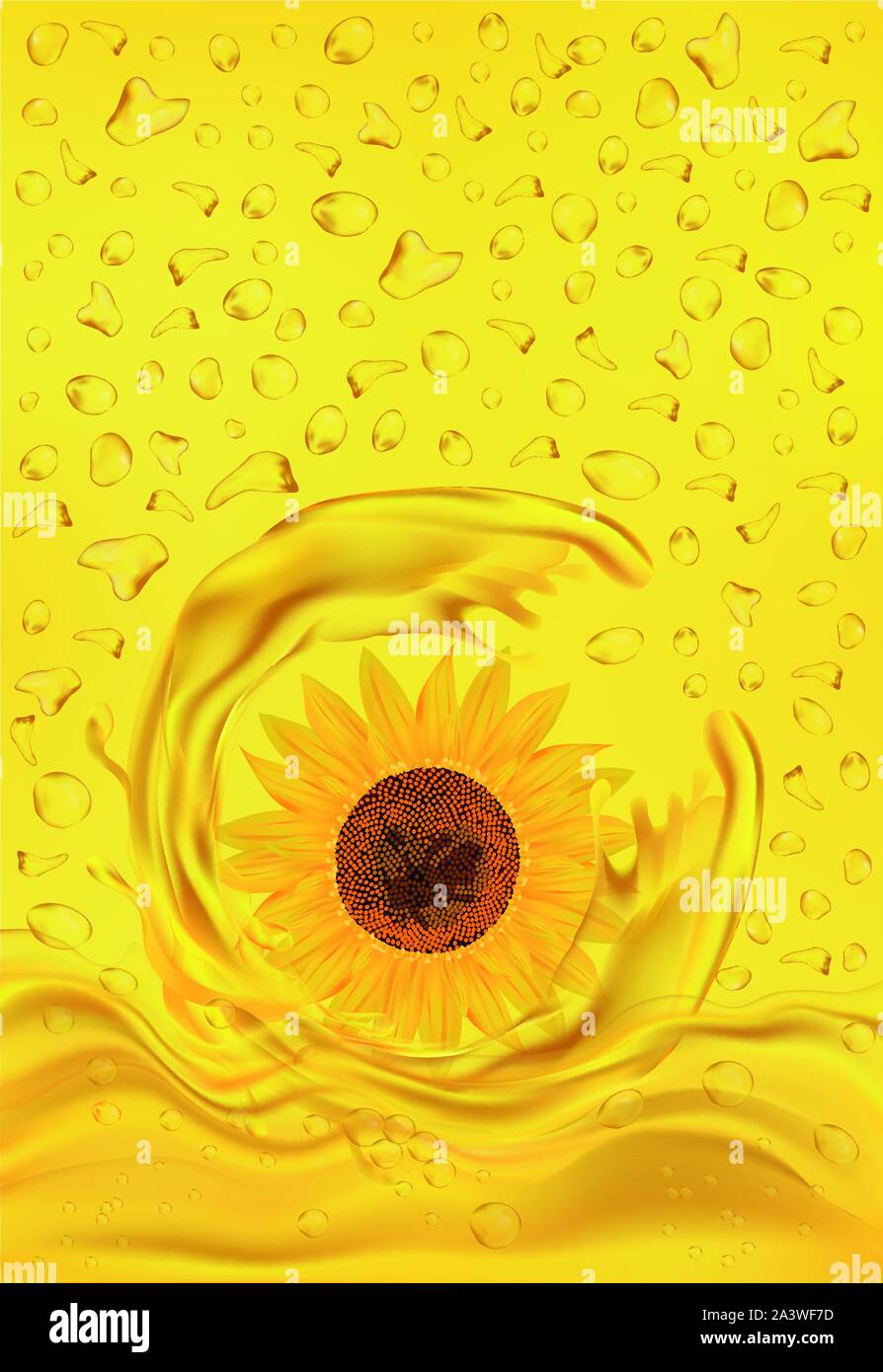 Sunflower oil. 3D realistic flower. Sunflower on yellow background ...