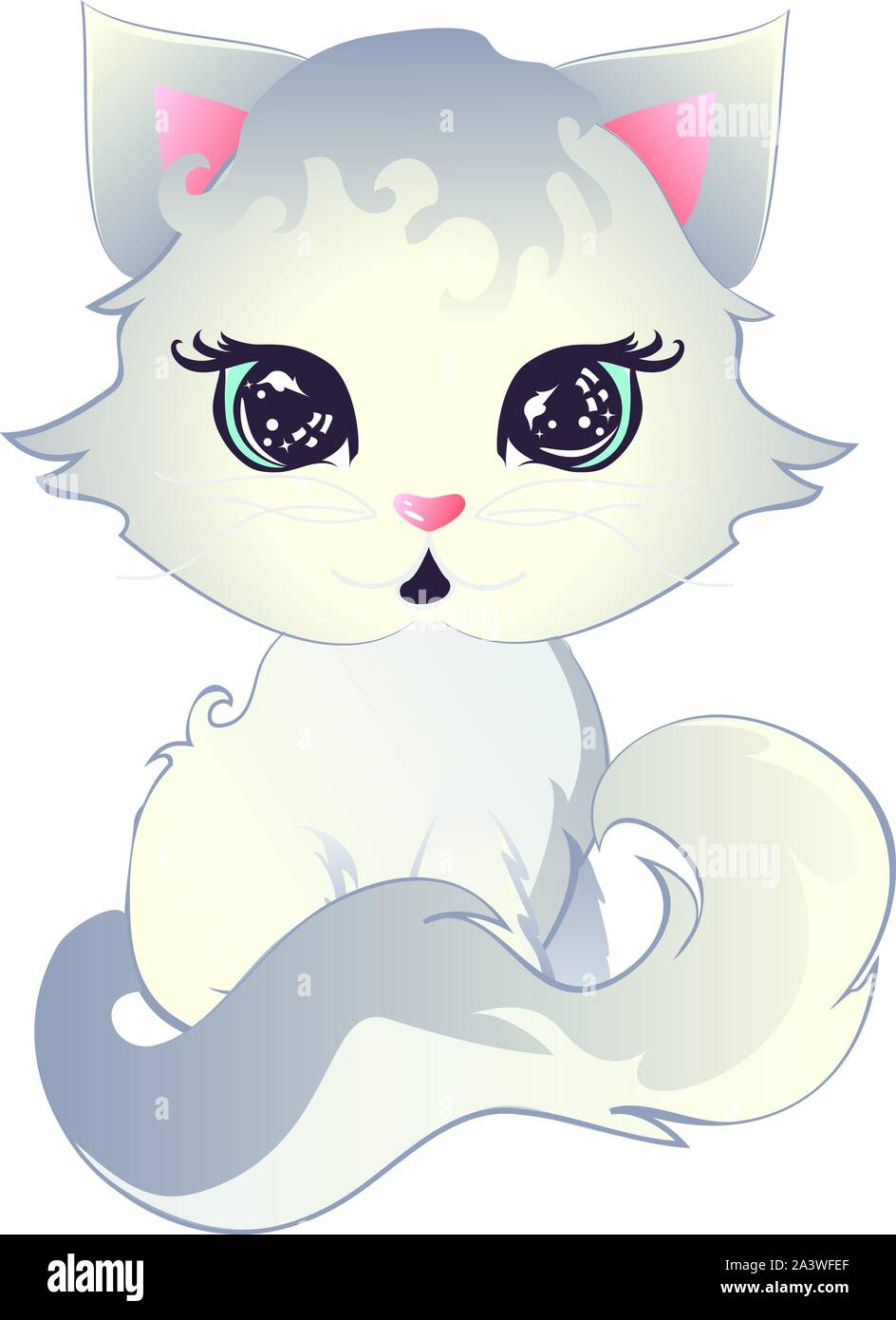 Cute white turkish angora kitten with blue eyes, cartoon illustration ...
