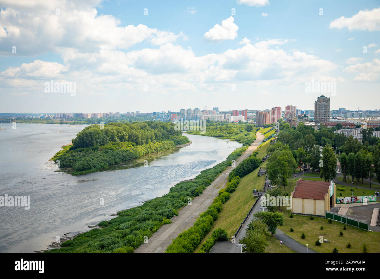 Kemerovo, Siberia, Russia - 14.07.2019: Aerial view of Tom river ...