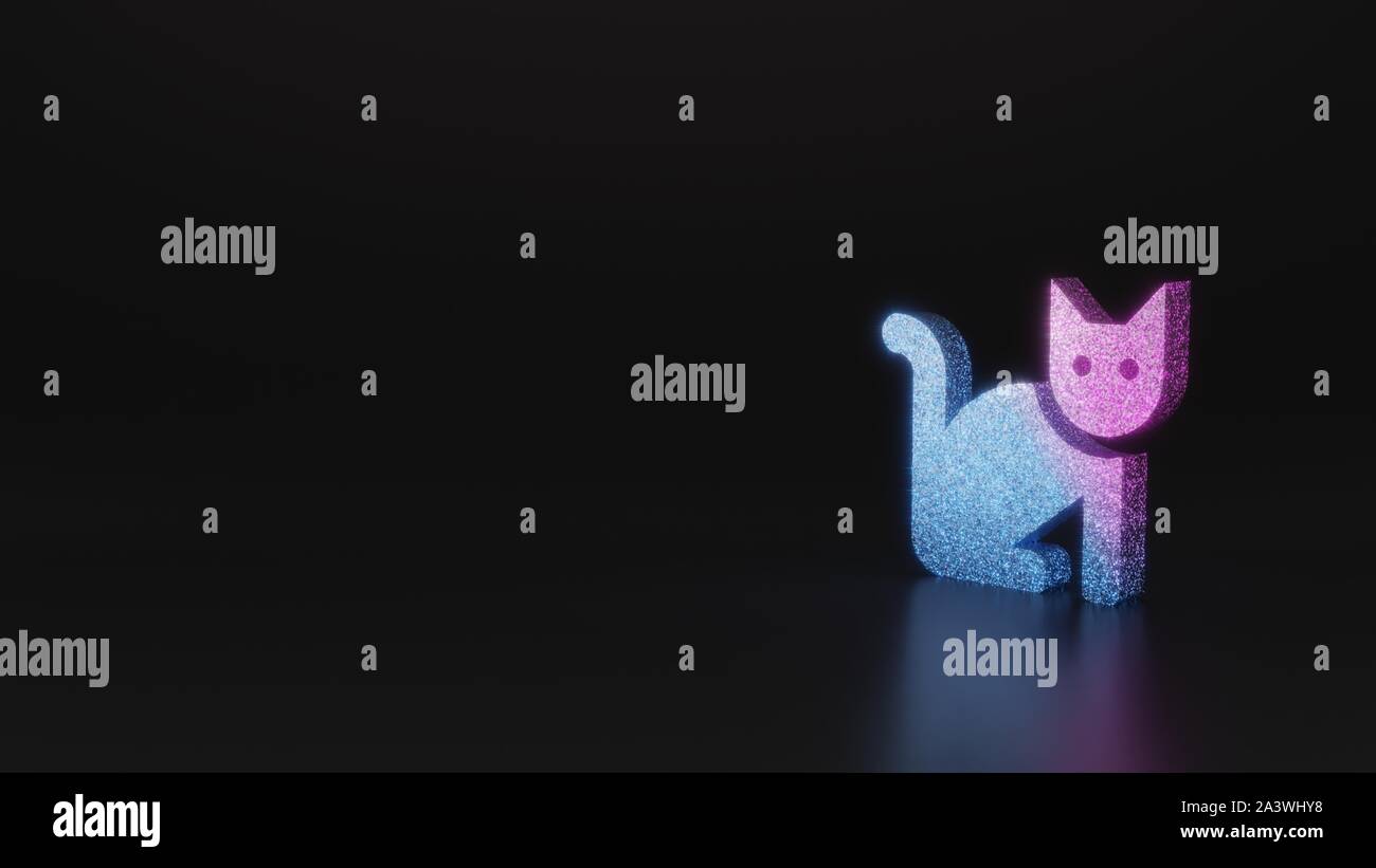 glitter neon violet pink ombre symbol of cat 3D rendering on black ...