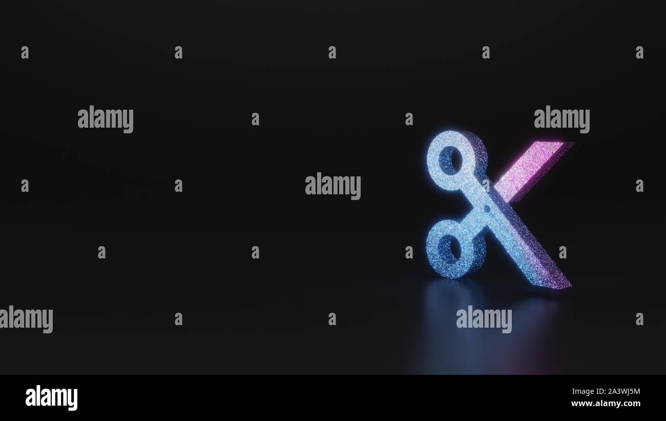 glitter neon violet pink ombre symbol of scissors 3D rendering on black ...
