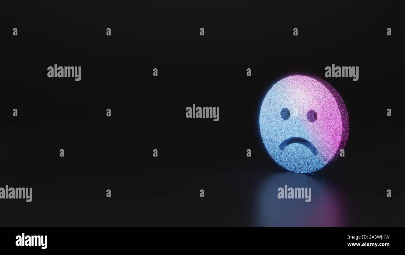 glitter neon violet pink ombre symbol of frown emoticon 3D rendering on ...