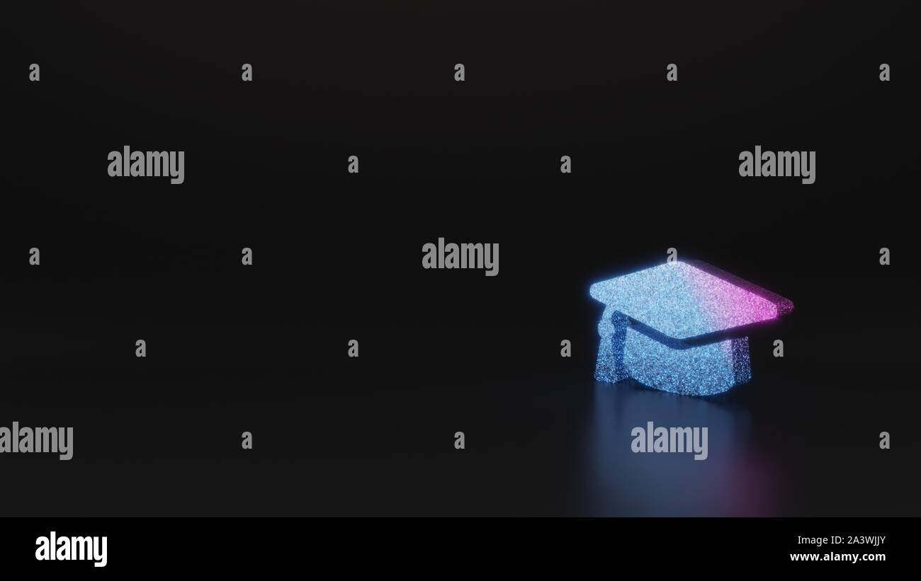glitter neon violet pink ombre symbol of graduation cap 3D rendering on ...