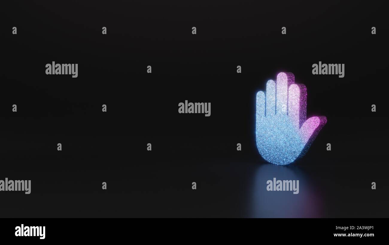 glitter neon violet pink ombre symbol of hand 3D rendering on black ...