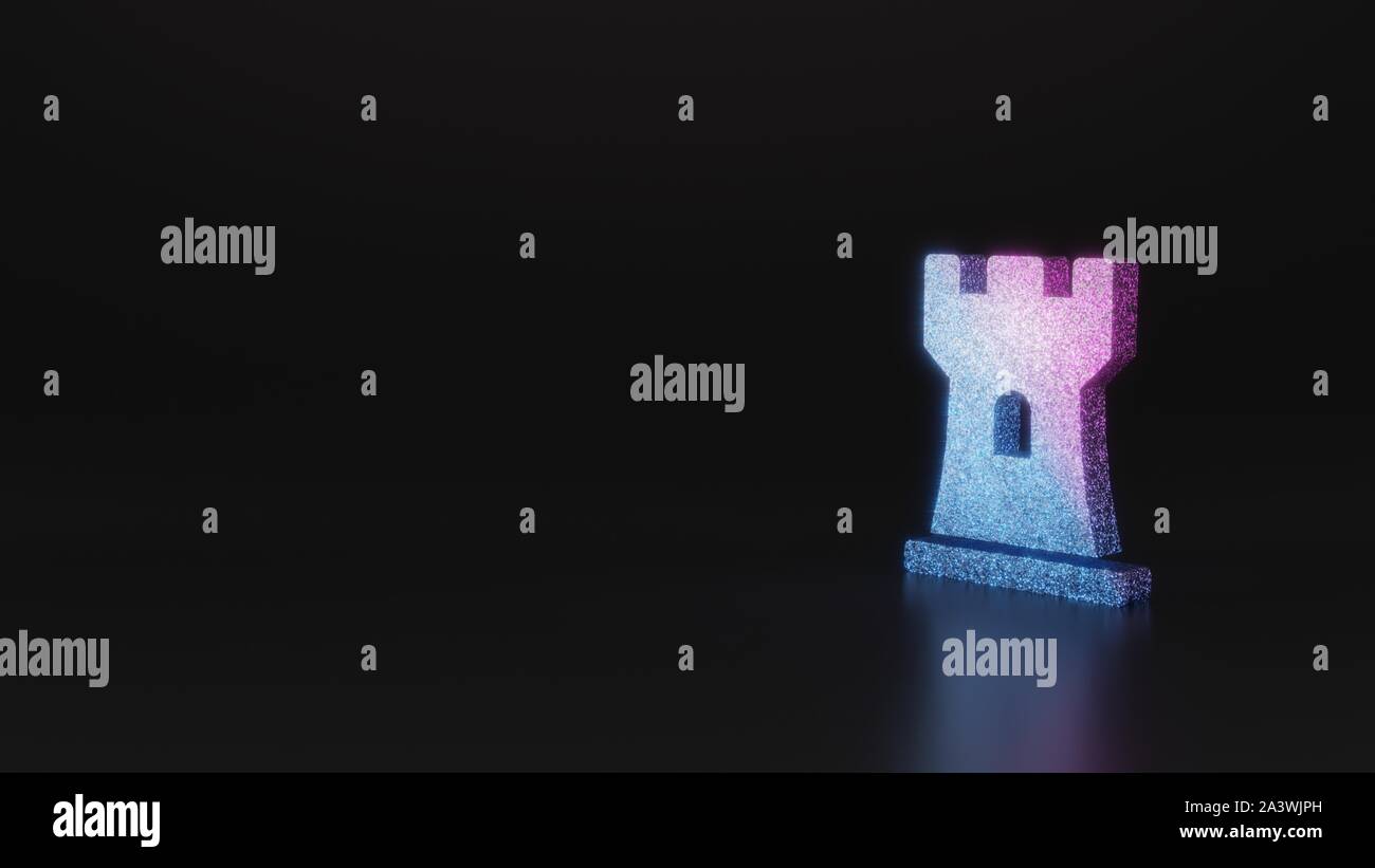 glitter neon violet pink ombre symbol of chess rook figure 3D rendering ...