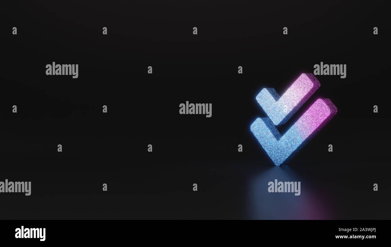 glitter neon violet pink ombre symbol of double check mark 3D rendering ...