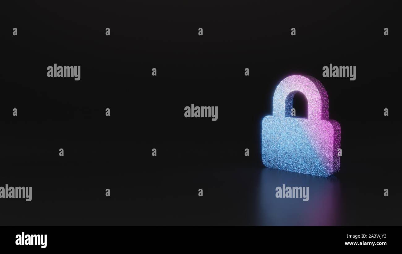 glitter neon violet pink ombre symbol of lock 3D rendering on black ...