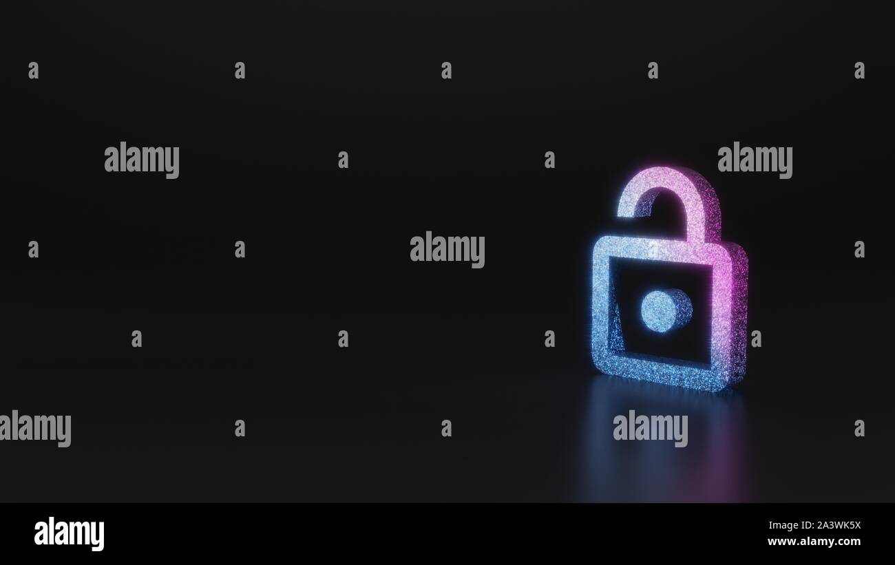 glitter neon violet pink ombre symbol of open padlock 3D rendering on ...