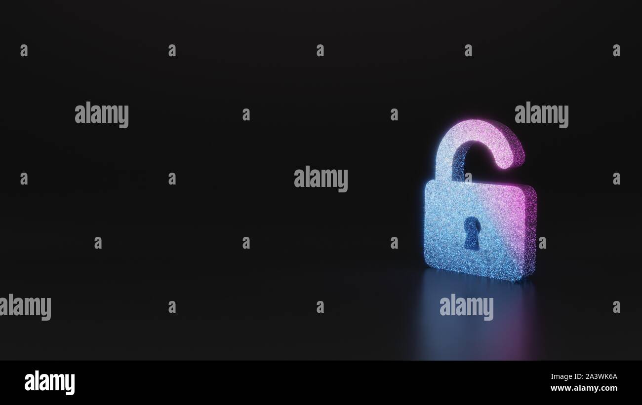 glitter neon violet pink ombre symbol of open padlock 3D rendering on ...