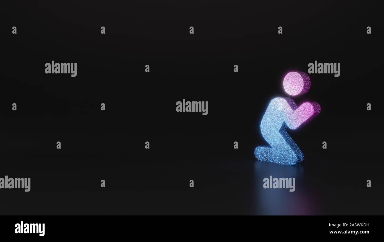 glitter neon violet pink ombre symbol of praying person 3D rendering on ...