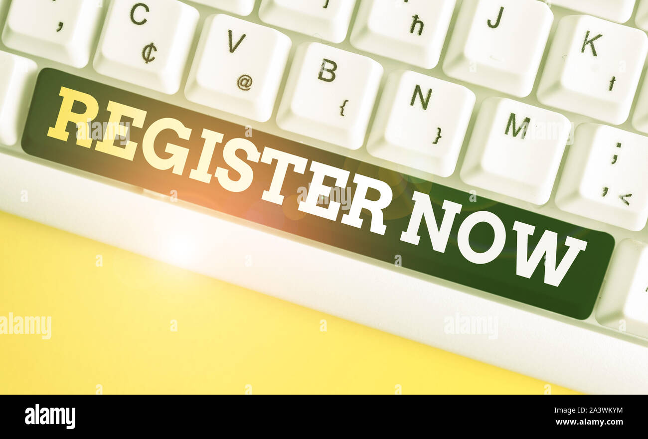 Writing note showing Register Now. Business concept for official list ...