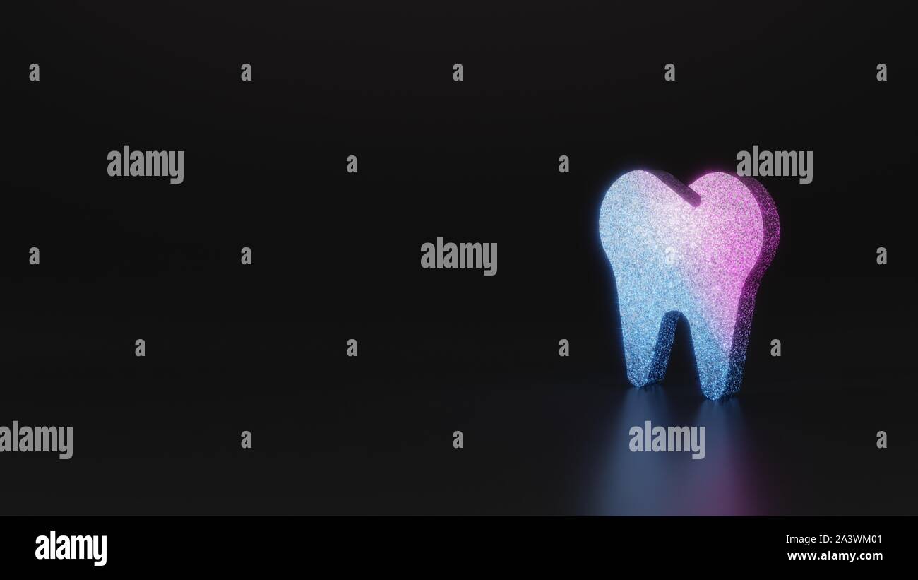 glitter neon violet pink ombre symbol of tooth 3D rendering on black ...