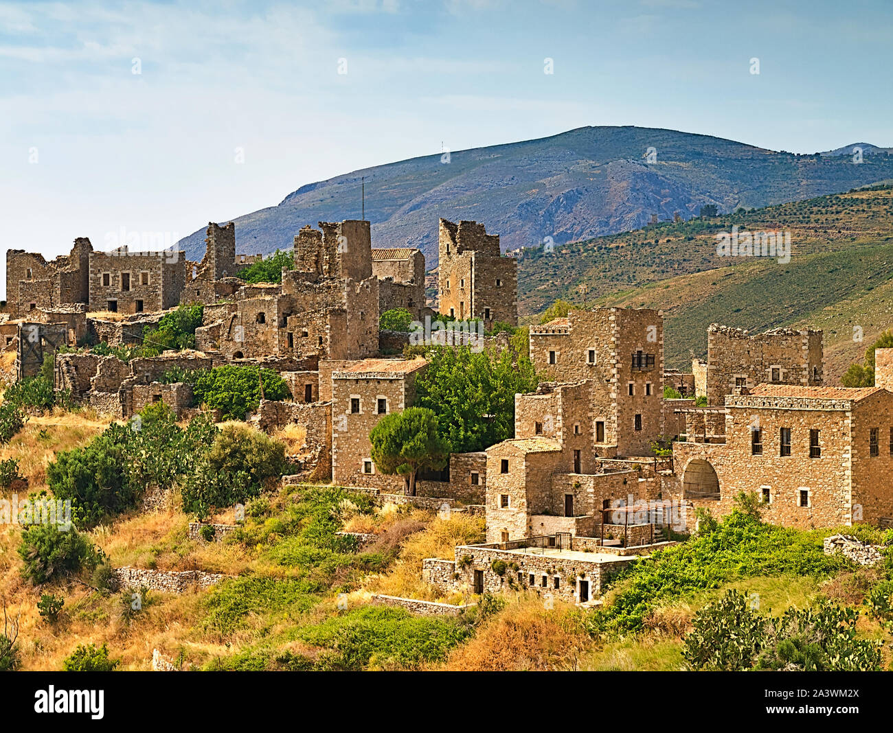 Medieval castle village of Vathia on a cliff above the sea in Mani ...