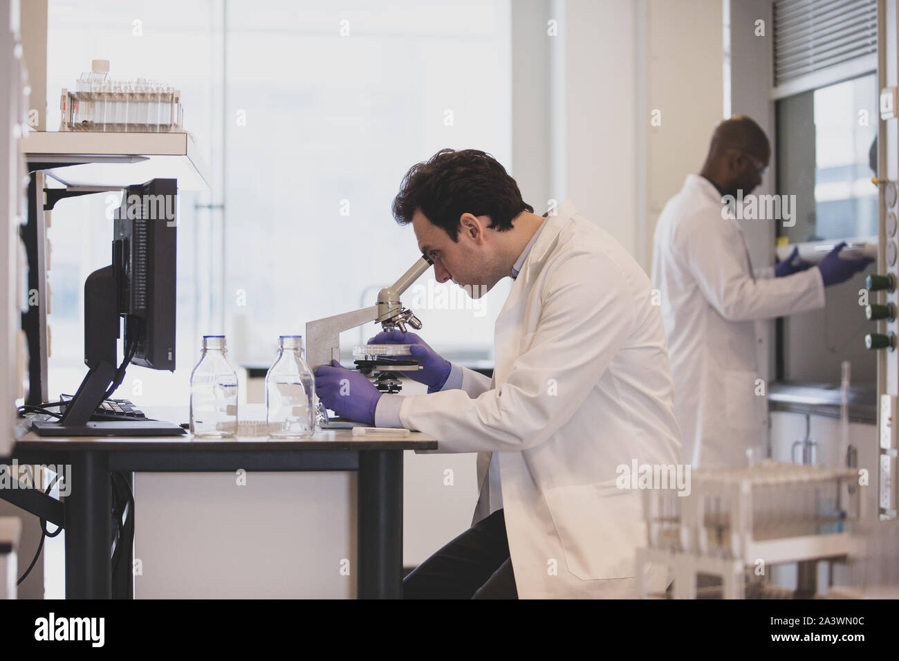 Male scientist looking at microscope Stock Photo - Alamy Male scientist looking at microscope Stock Photo - Alamy