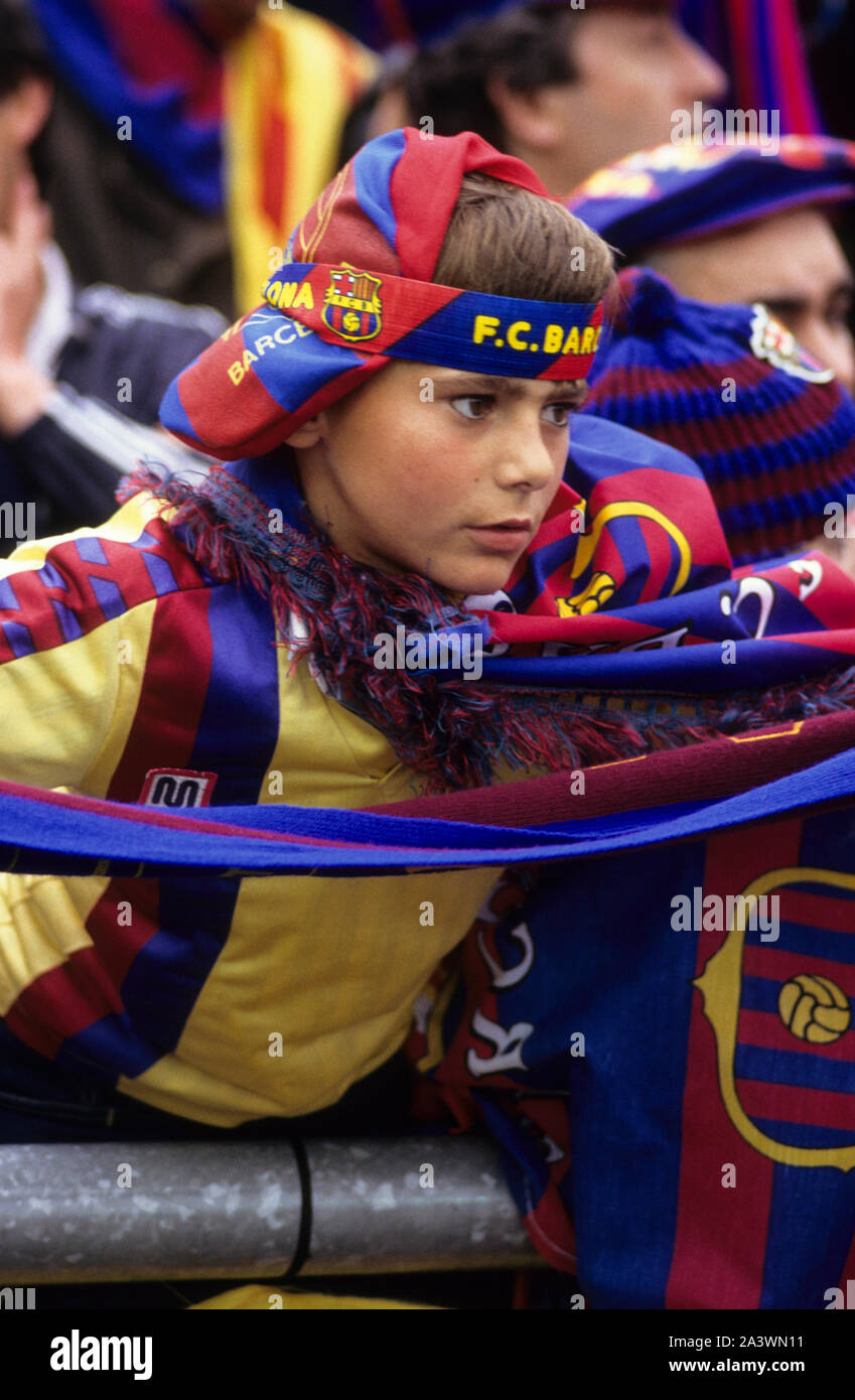 Barcelona Football fan in audience at Stadium Stock Photo - Alamy