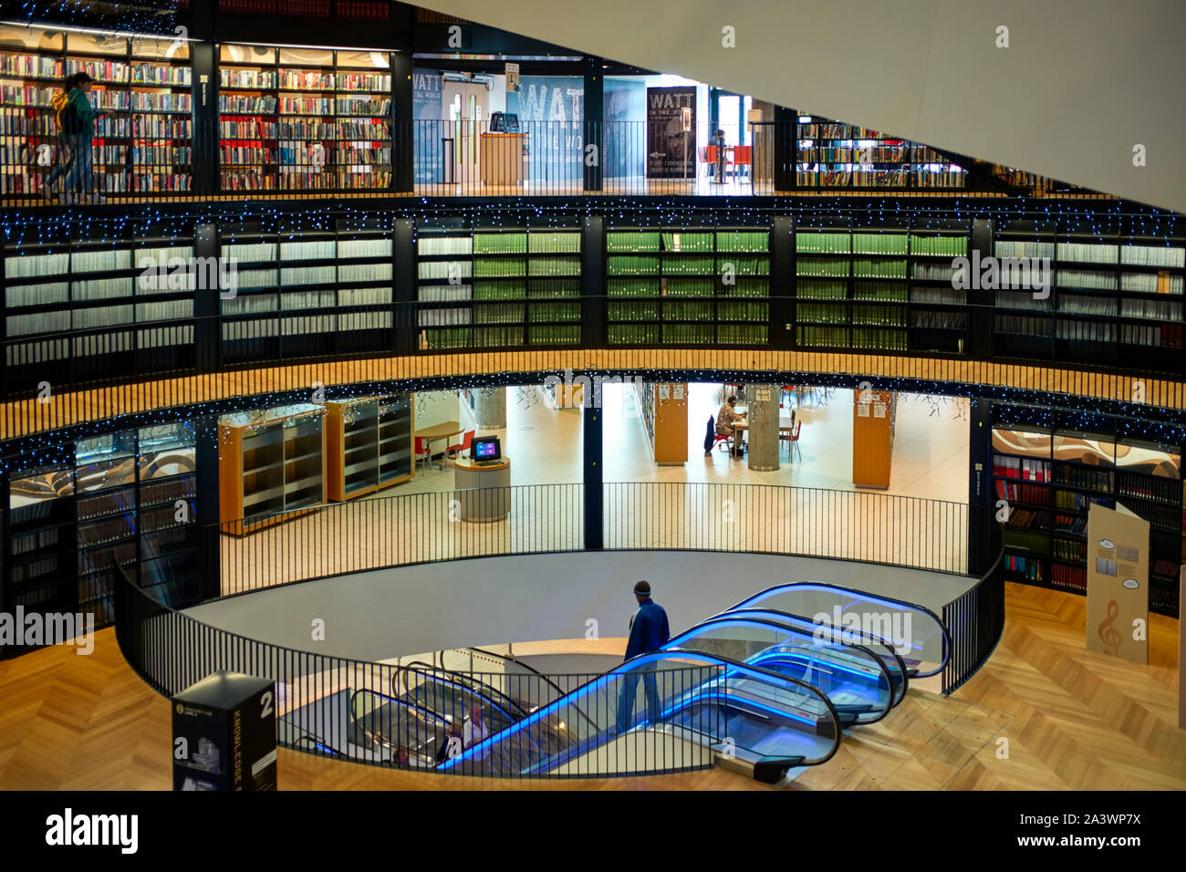 Interior escalators in Birmingham Library, UK Stock Photo - Alamy