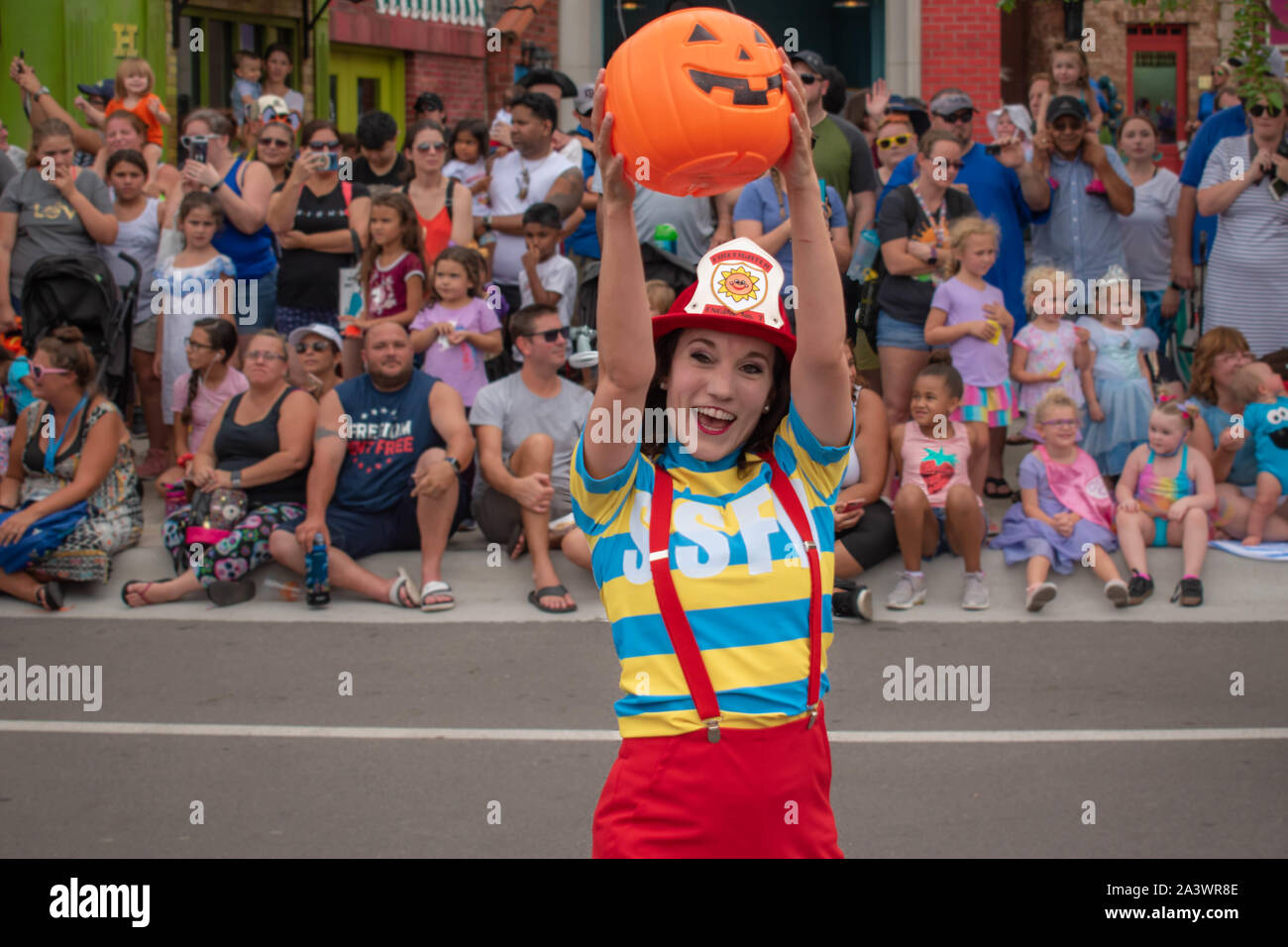 Orlando, Florida. September 21, 2019. Firefighter dancer in Sesame ...