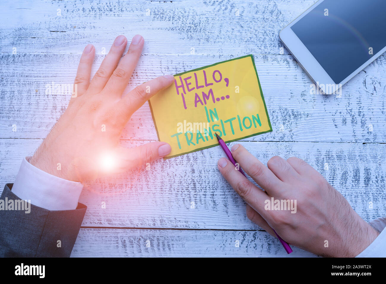 Hello i am in transition hi-res stock photography and images - Alamy