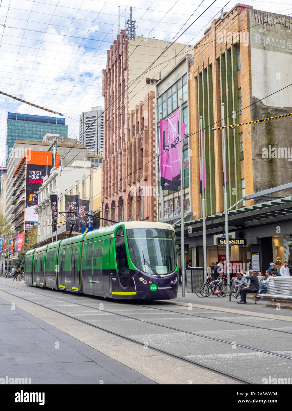 Public transport light rail green Yarra Tram in Bourke ST Mall ...