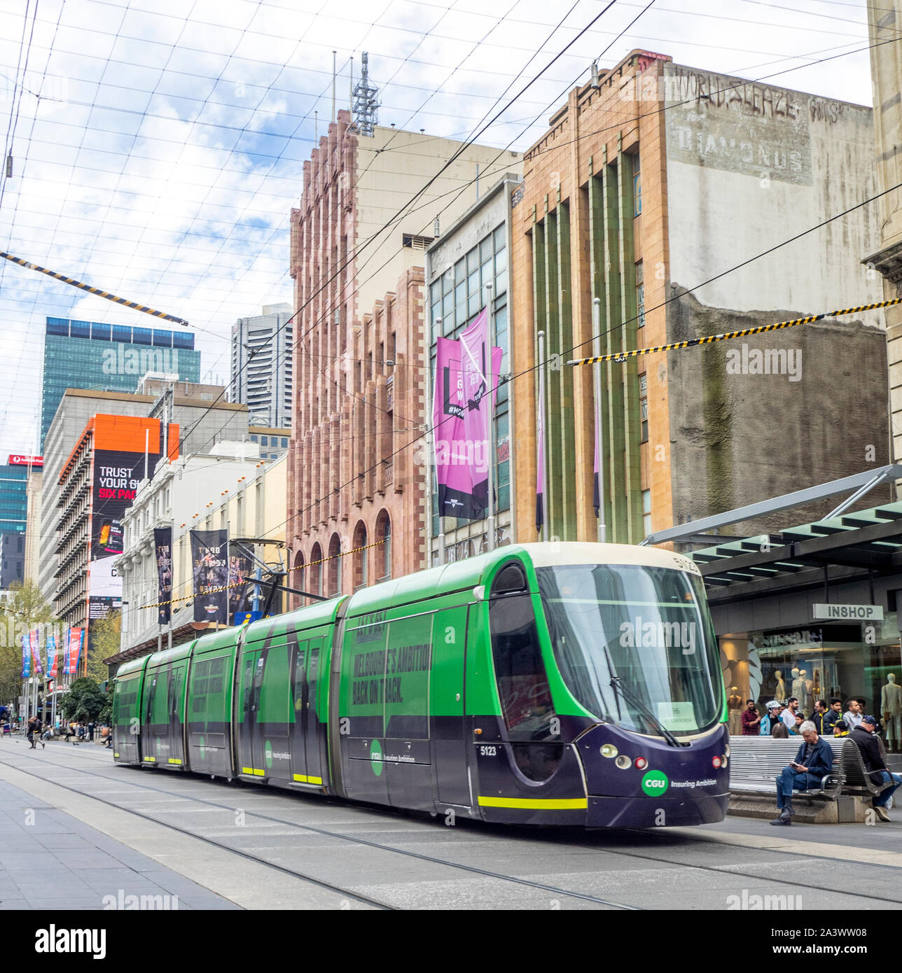Public transport light rail green Yarra Tram in Bourke ST Mall ...