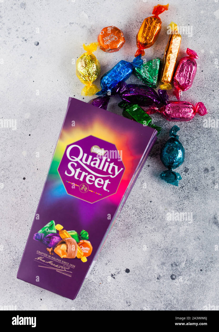 LONDON, UK - OCTOBER 10, 2019: Opened Gift box of Nestle Quality Street ...
