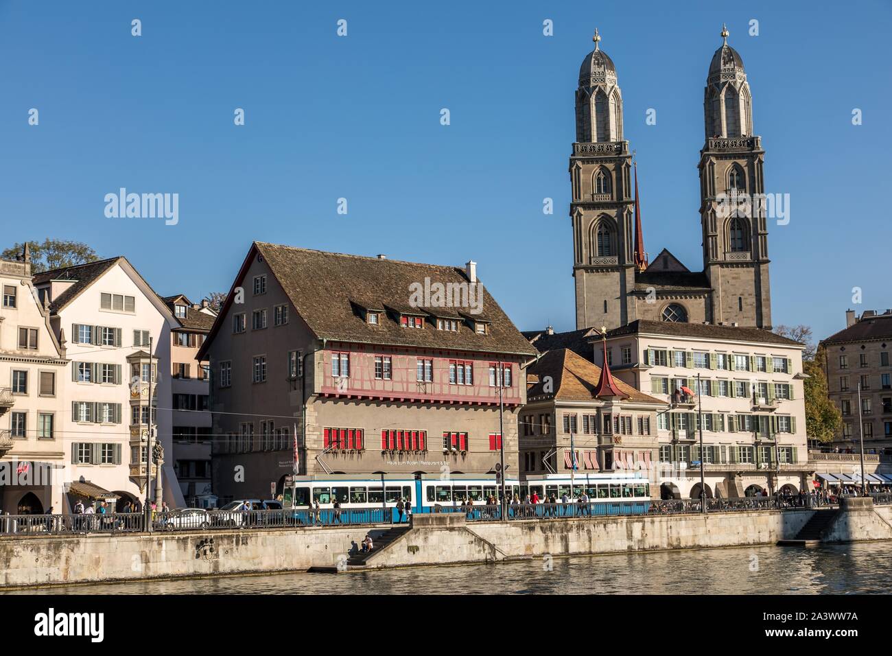HISTORIC CENTER OF ZURICH WITH THE TOWERS OF THE GROSSMUNSTER CATHEDRAL ...
