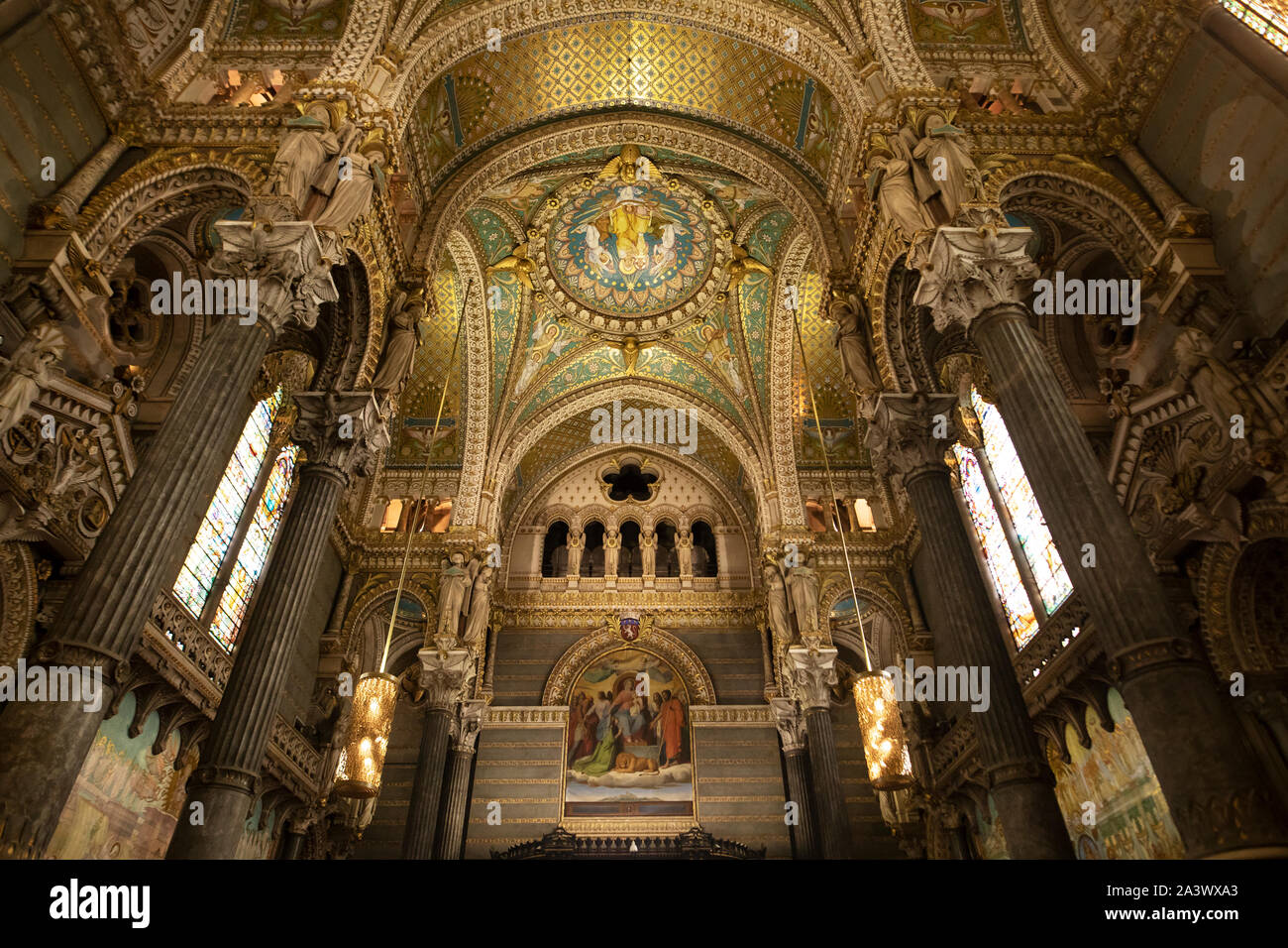 Inside the Basilica Notre Dame de Fourvière, a Catholic church in Lyon ...