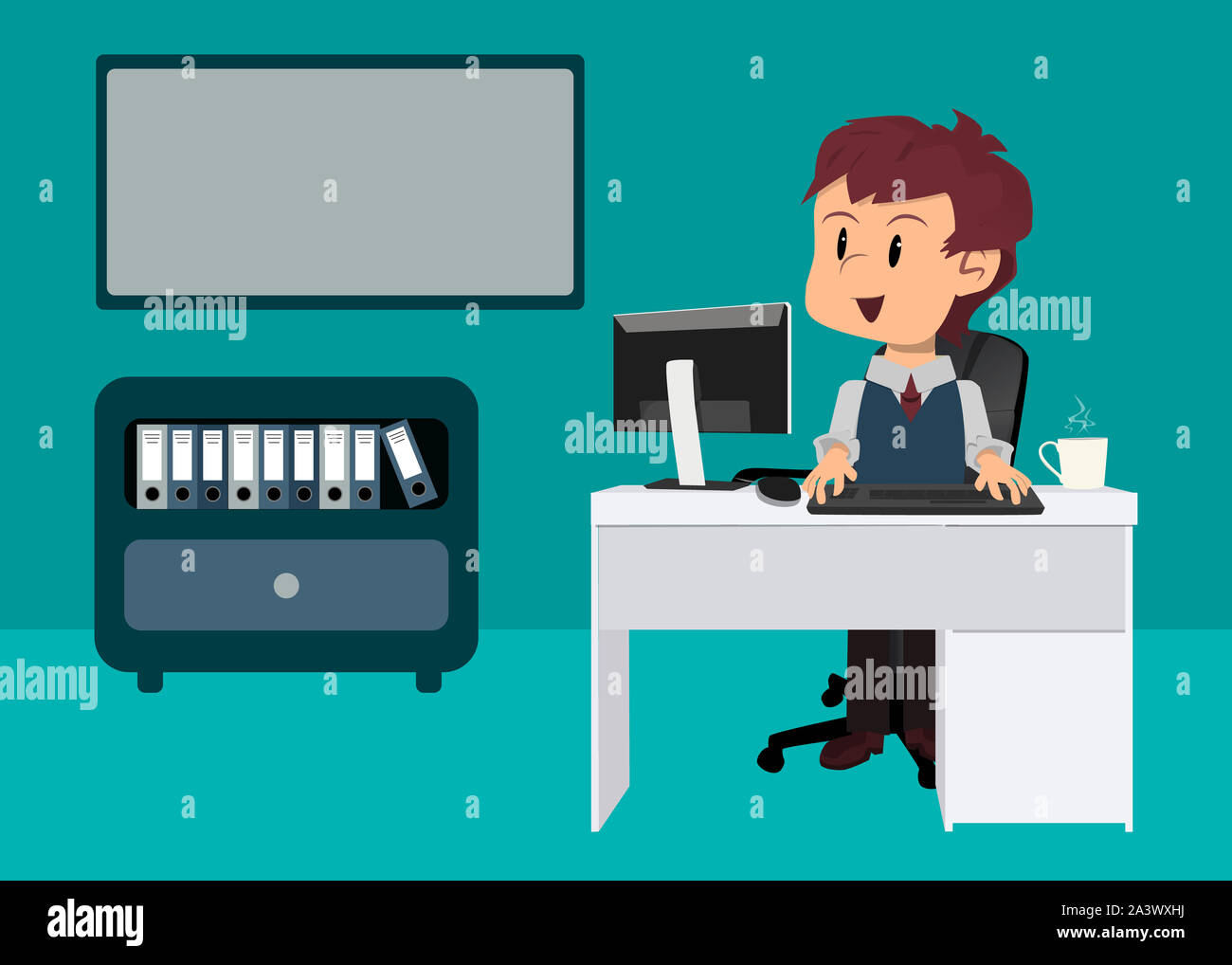 Office worker sitting at his desk facing the computer, a blank ...