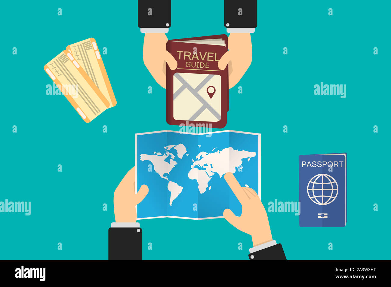 executive goes to a travel agency, shows a map and the agent extends a ...