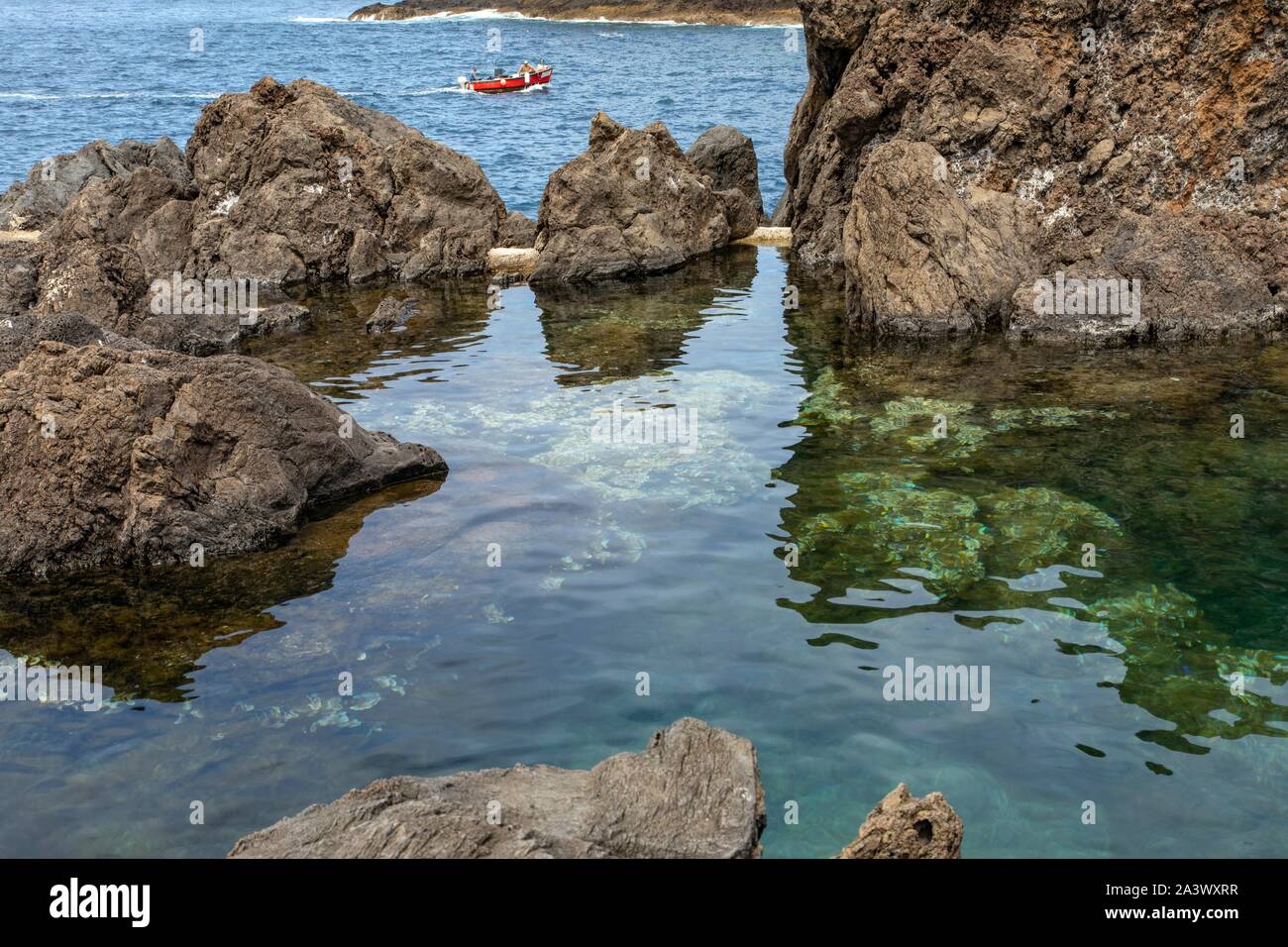 SWIMMERS, NATURAL POOLS IN THE VOLCANIC ROCK, PORTO MONIZ, ISLAND OF ...