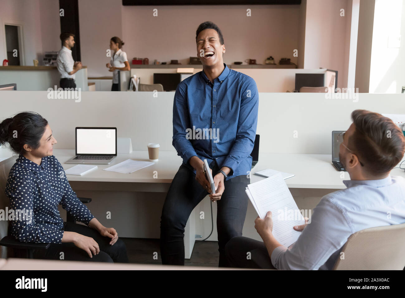 Happy Friendly Business Team People Diverse Coworkers Laugh At
