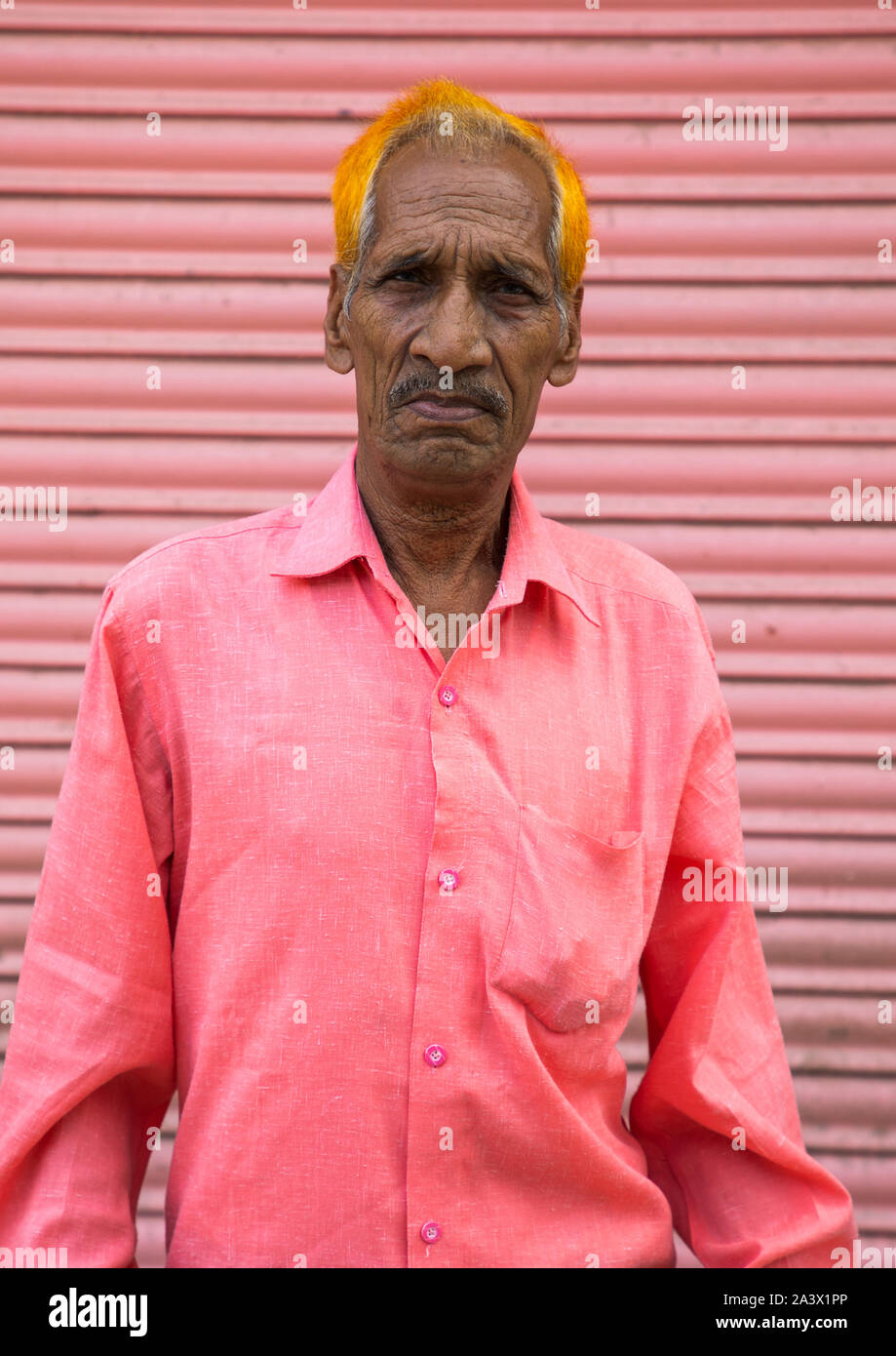 Indian man with henna on the hair and pink shirt, Rajasthan, Jaipur ...