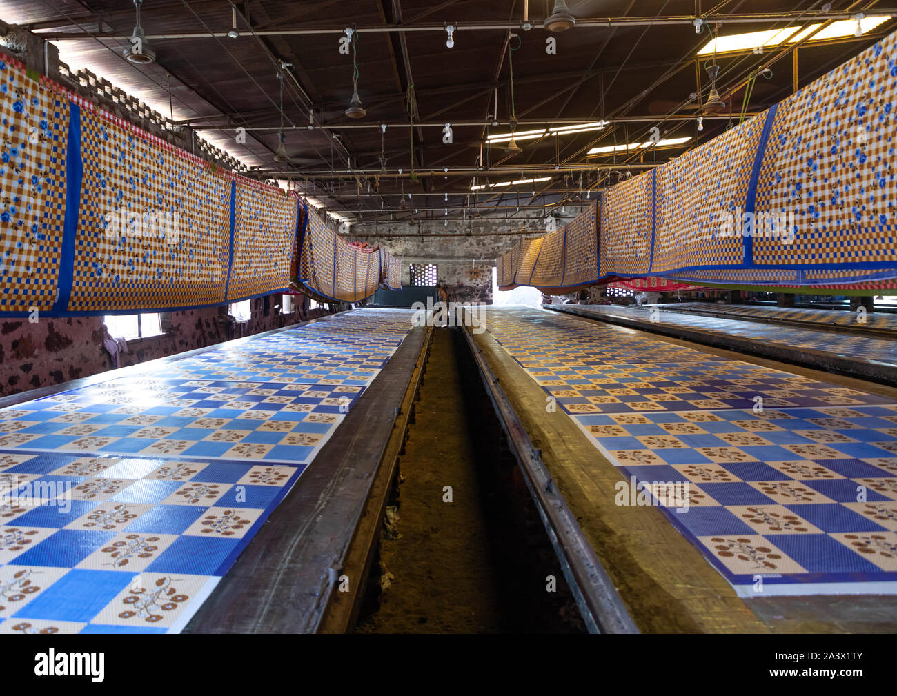 Textiles being printed inside a saree factory, Rajasthan, Sanganer ...