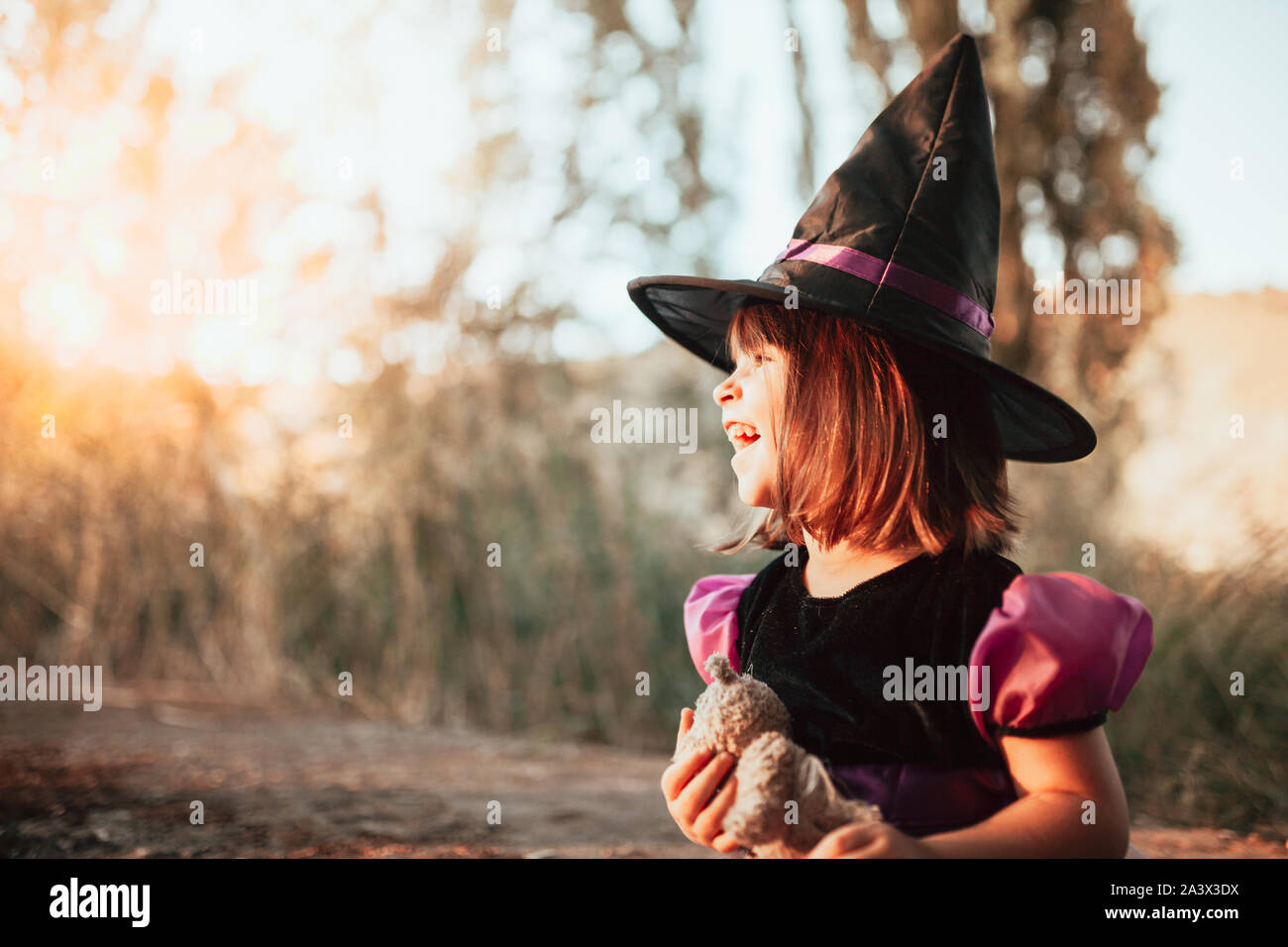 Girl standing disguised as a witch in the woods during Halloween Stock ...