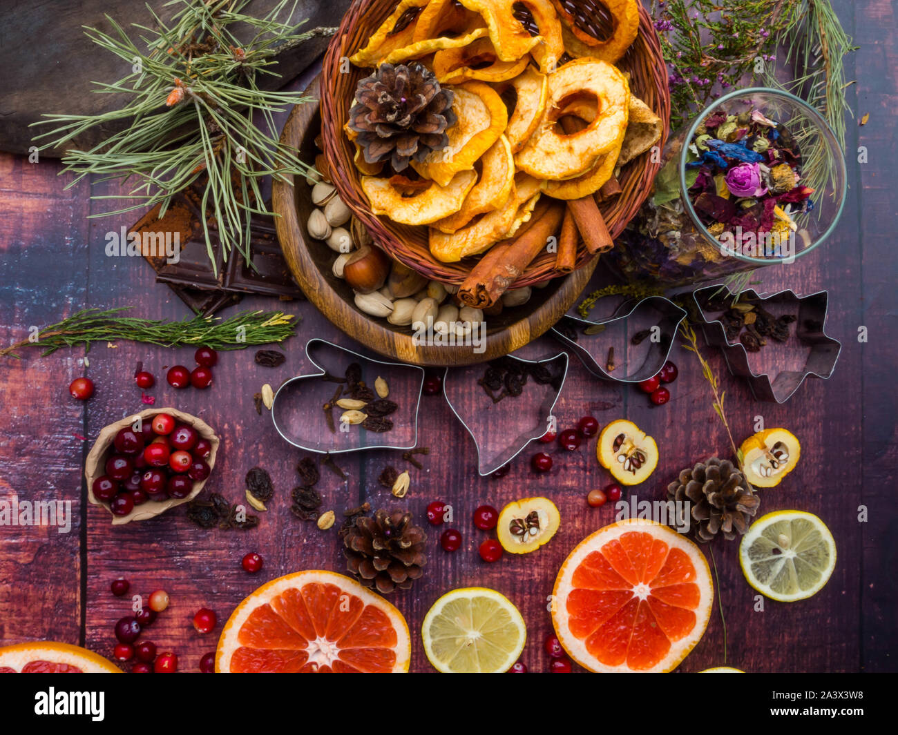 Holiday food background for baking cookies with cutters, spices, fruits ...