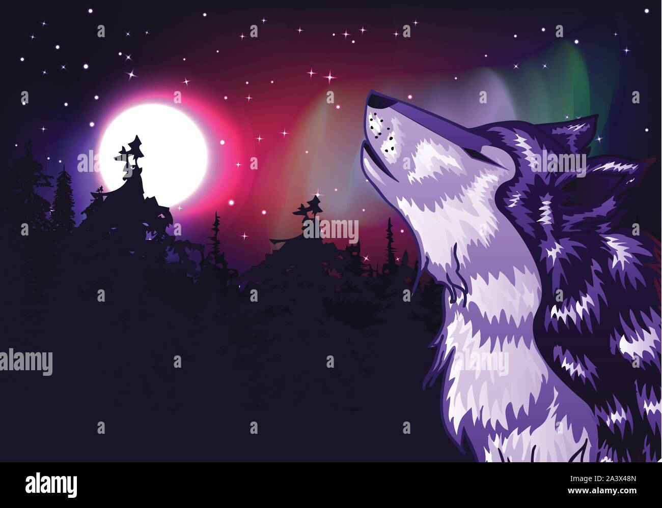 Abstract colorful northern landscape with moon and howling wolf Stock ...