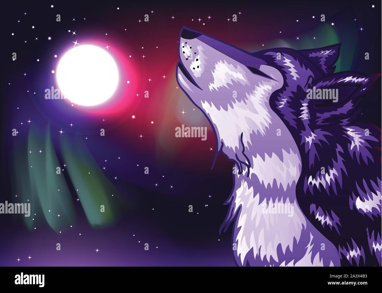 Abstract colorful northern landscape with moon and howling wolf Stock ...