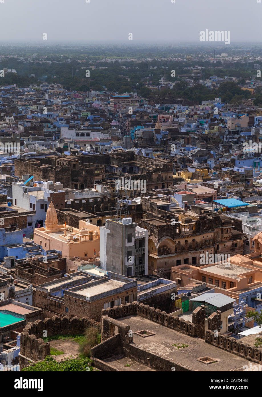 View of the city with the blue brahmin houses, Rajasthan, Bundi, India ...