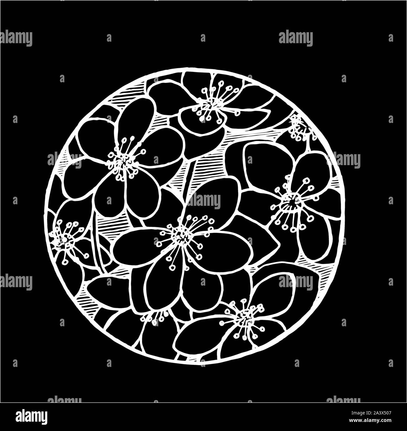 Black and white sakura pattern. Natural cosmic motive. Chalk on a ...
