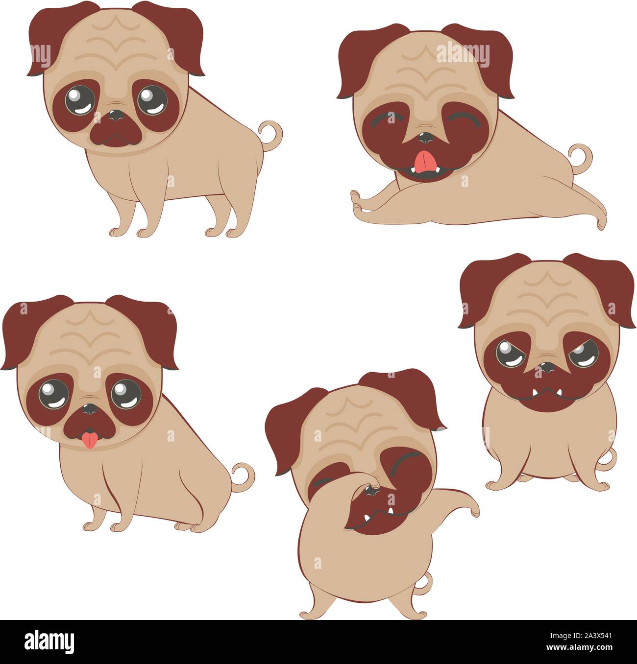Cartoon kawaii pug in different expressions and poses illustration ...