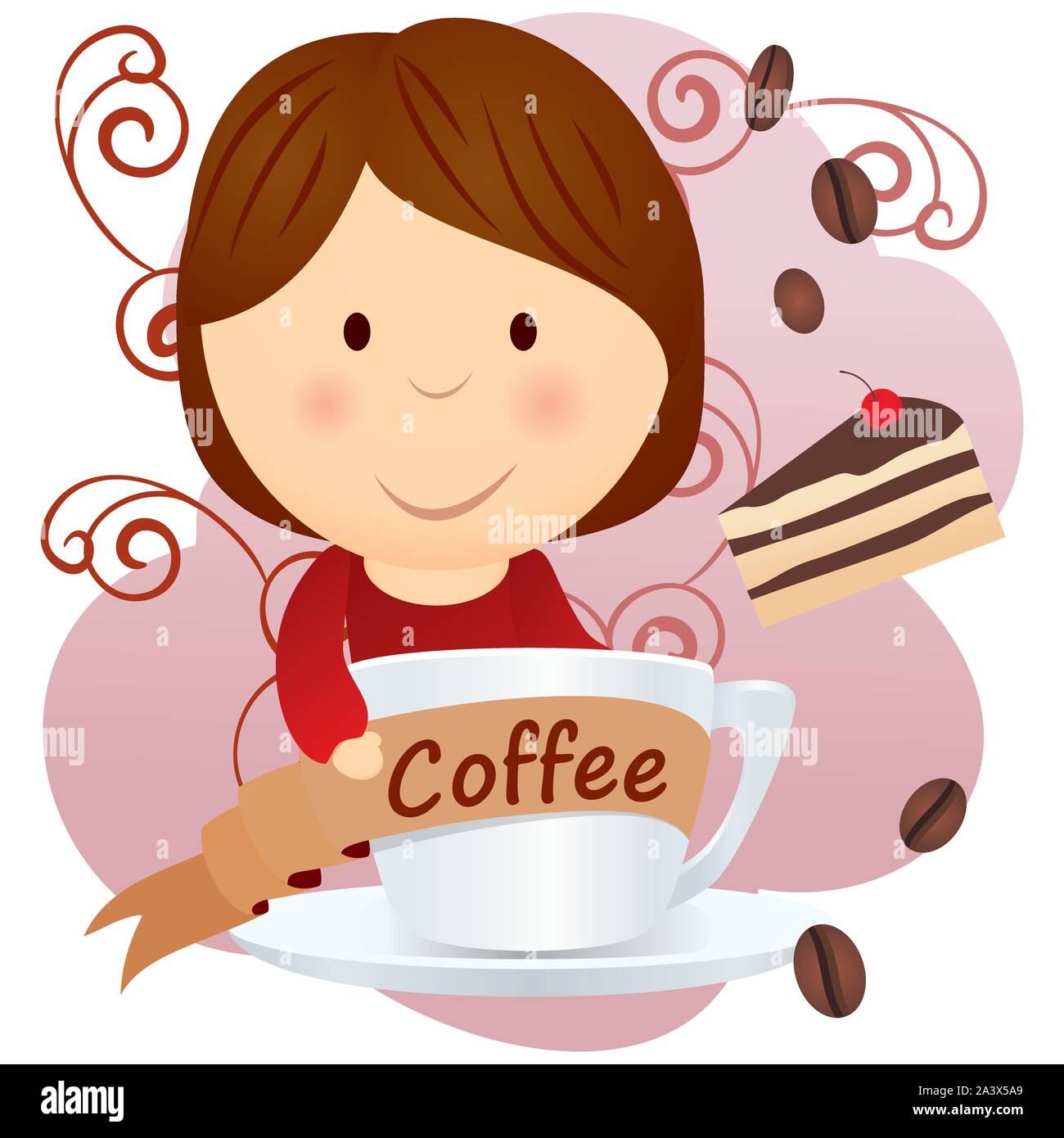 girl hugging coffee cup cartoon vector with cherry pie and coffee beans ...