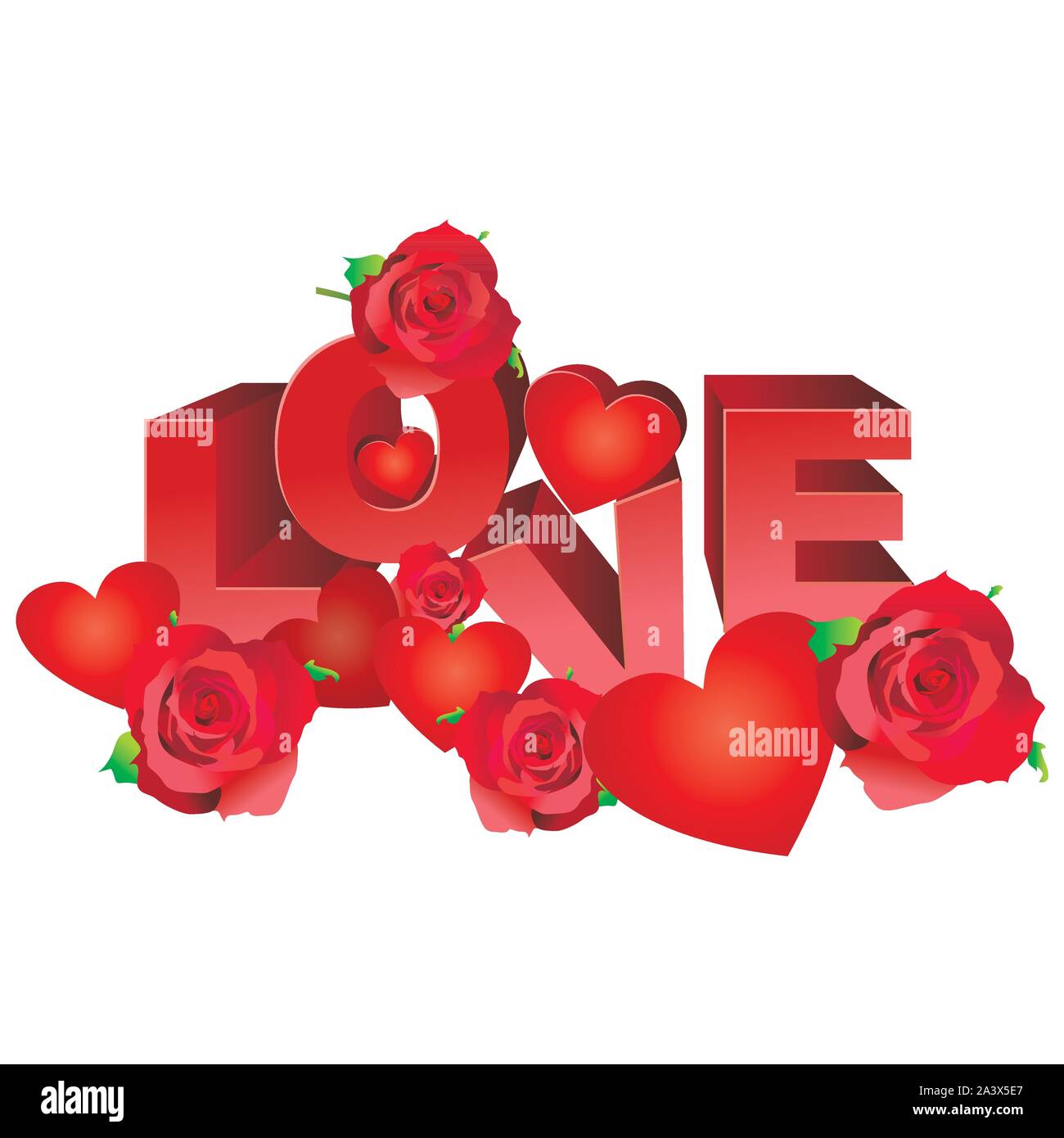 vector red LOVE letters decorated by red roses and hearts isolated on ...