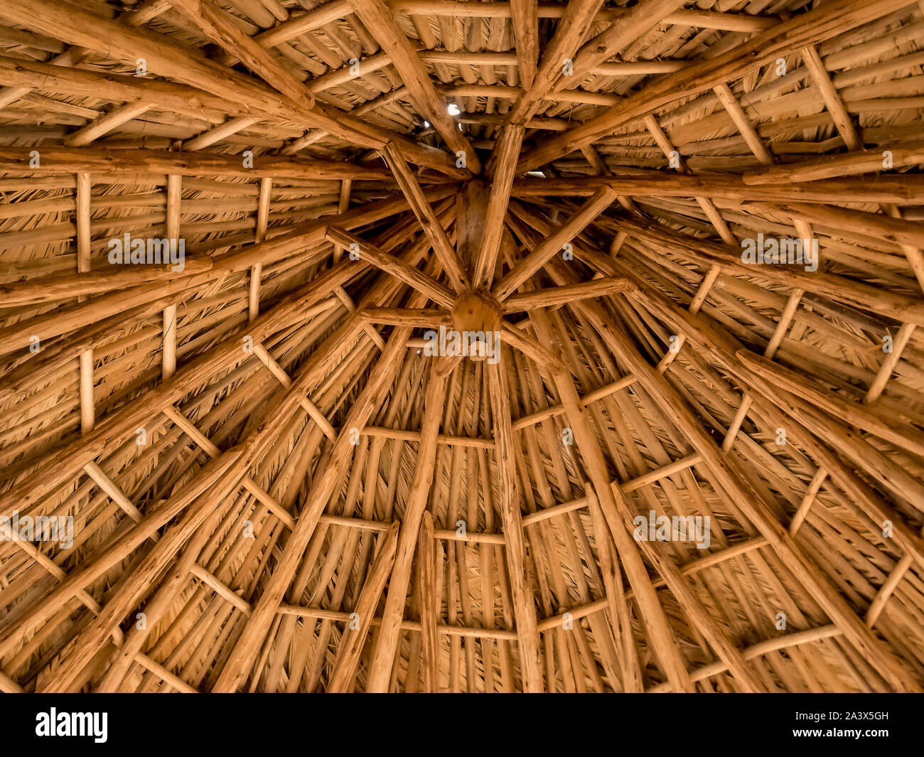 Rustic beach roof, view inside of palm umbrella used for outdoor ...