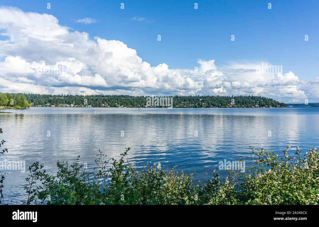 Billowing clouds hover over Mercer Island in Washington State Stock ...
