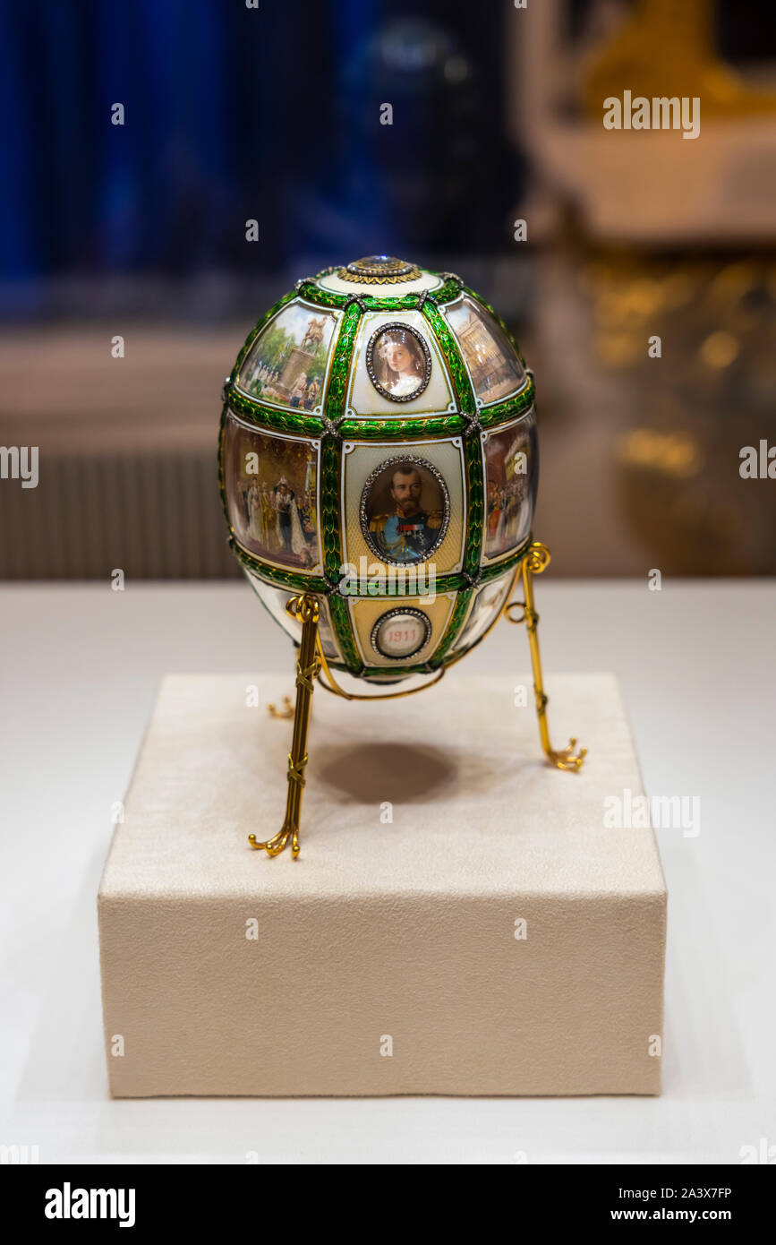 Museum pieces displayed in the Faberge Museum in St. Petersburg, Russia ...