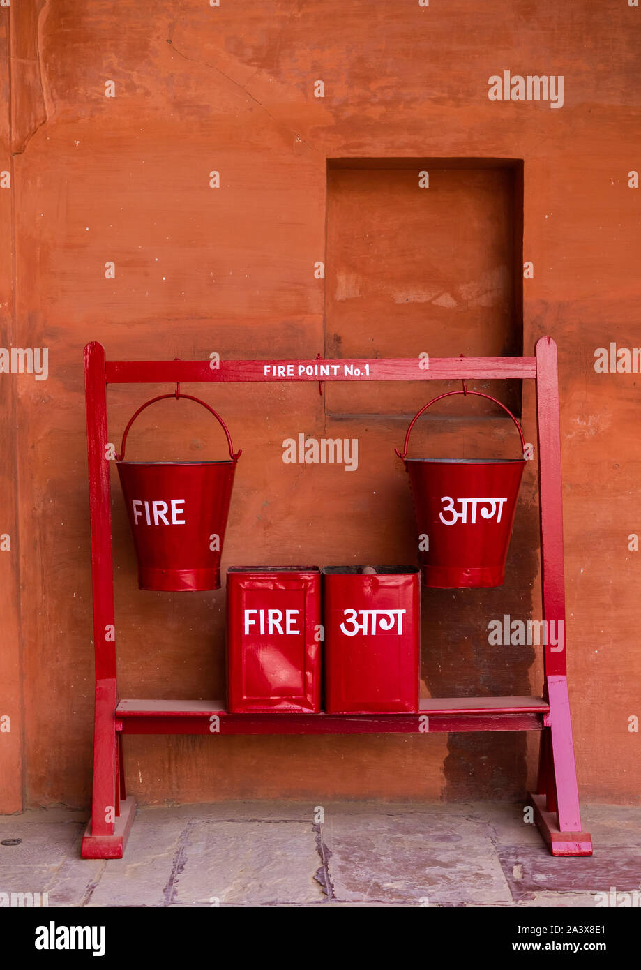 Fire buckets hanging by hooks in Junagarh fort, Rajasthan, Bikaner ...