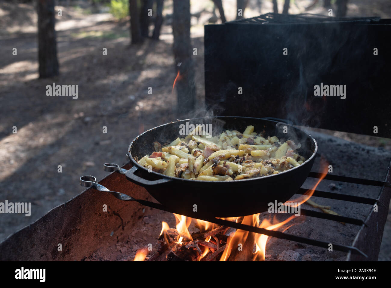 Hot big wok pan full of fried tasty potato on the fire in the forest ...