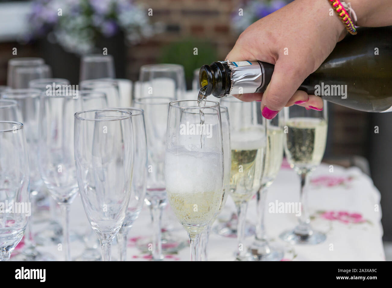 Pouring prosecco into glasses at a party Stock Photo - Alamy