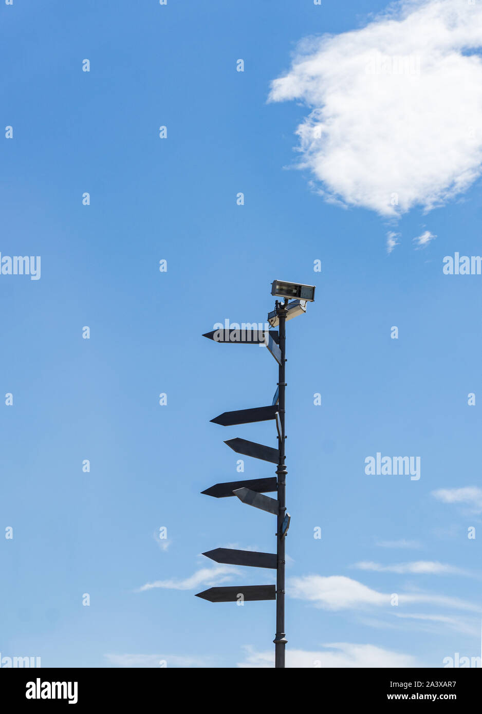 Blank directional road signs against blue sky. Directional sign post ...