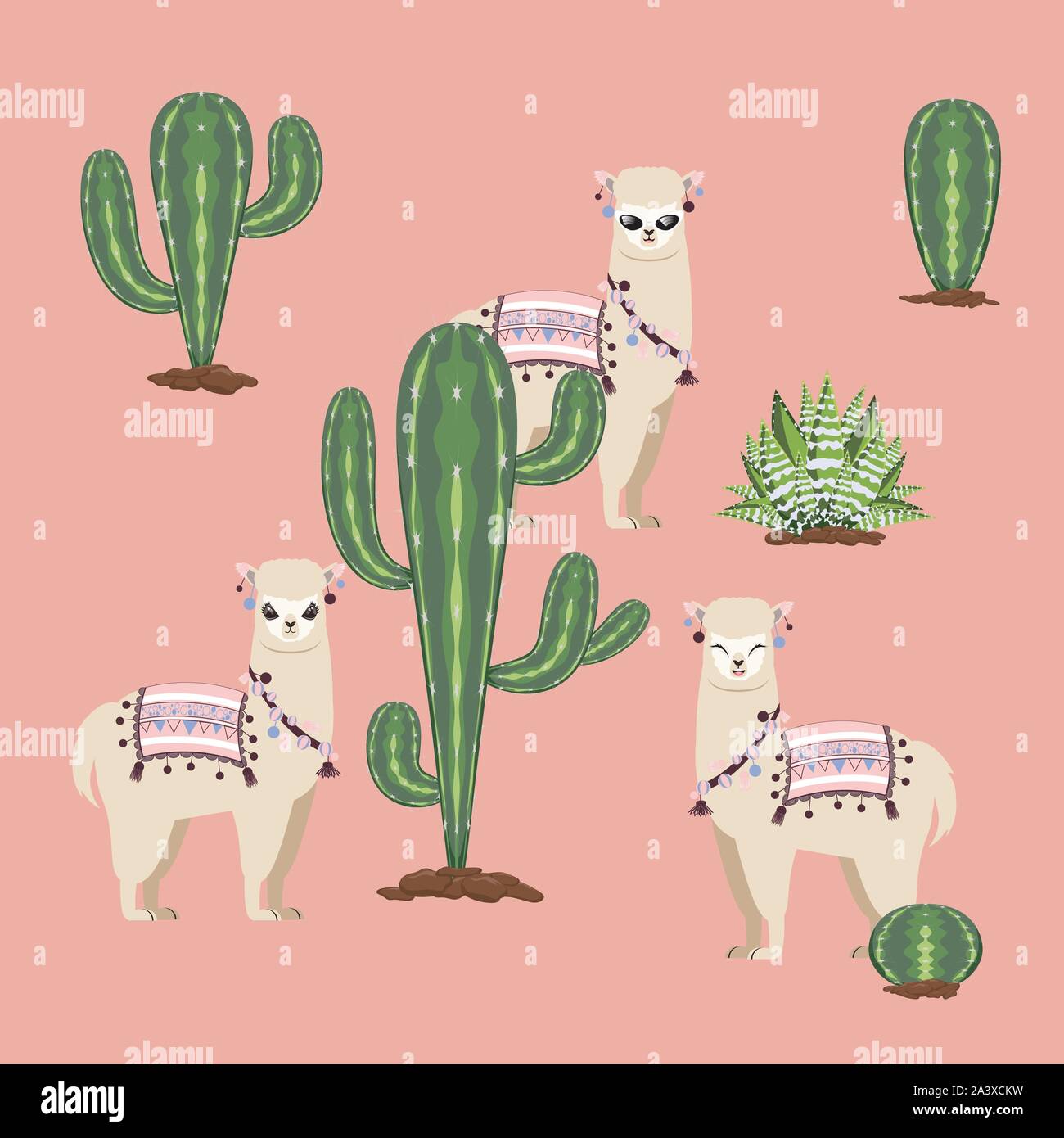 Cute cartoon Alpaca with cactuses design background Stock Vector Image ...